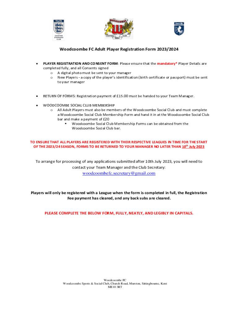 Fillable Online CFA Football League Player Registration Form Fax Email ...
