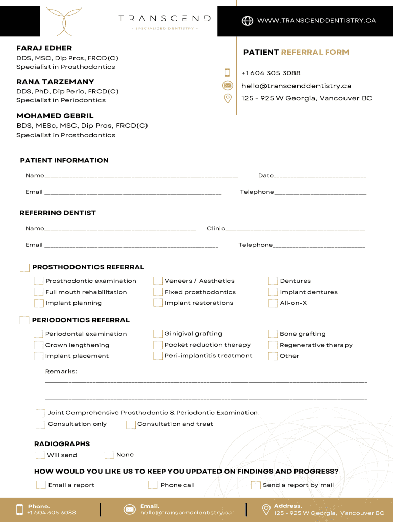 Fillable Online Prosthodontic Referral Form Dr. Azadeh Shojaei, DDS ...