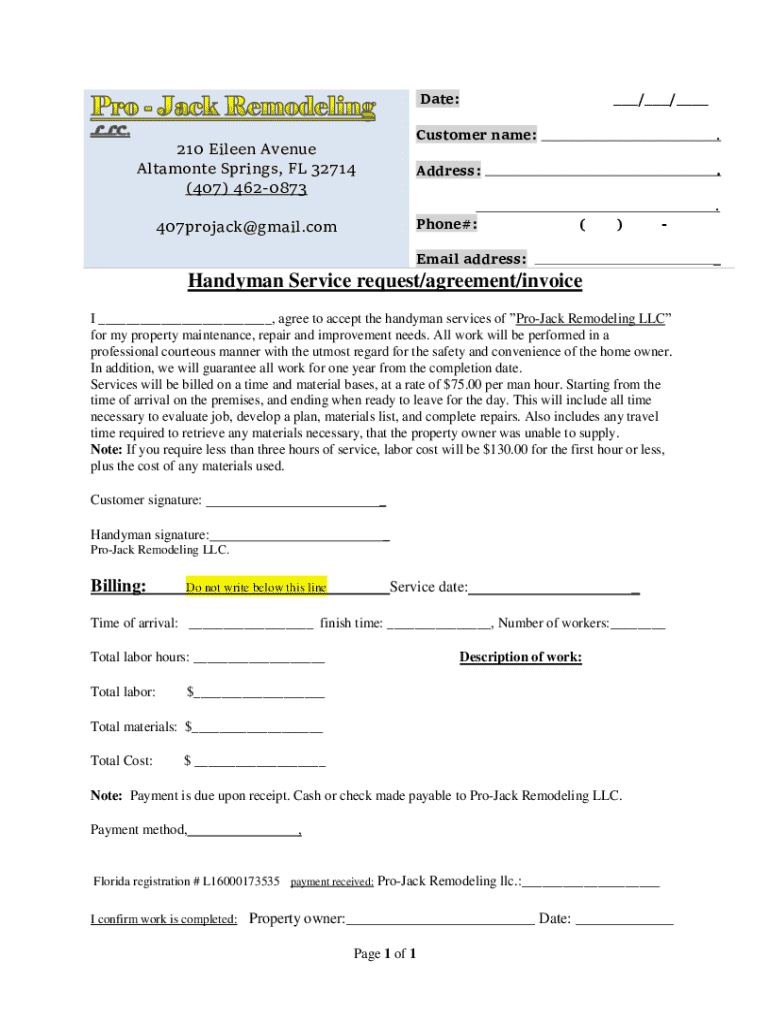 Fillable Online Handyman Service request/agreement/invoice Fax Email ...