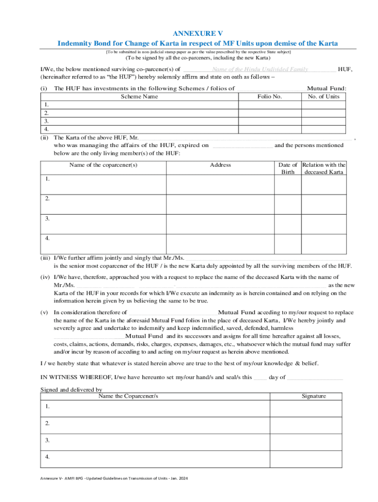 Fillable Online AMFI - Annexure V Indemnity Bond for Change of Karta in ...