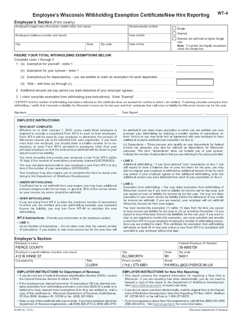 Fillable Online December 2021 W-204 WT-4 Employee's Wisconsin ...