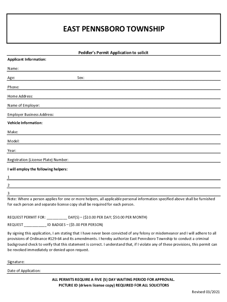 Fillable Online Peddler's Permit Application to solicit Fax Email Print ...