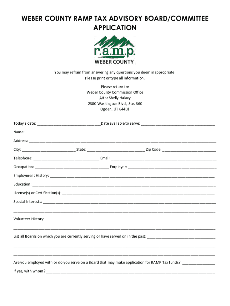 Fillable Online Weber County RAMP Tax Advisory Board Application Fax ...