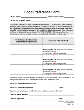 Fillable Online Food Preference Form. Food Preference Form for Child Care Providers Fax Email ...