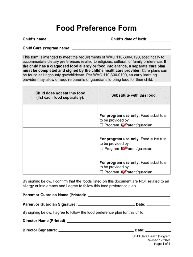Fillable Online Food Preference Form. Food Preference Form for Child ...