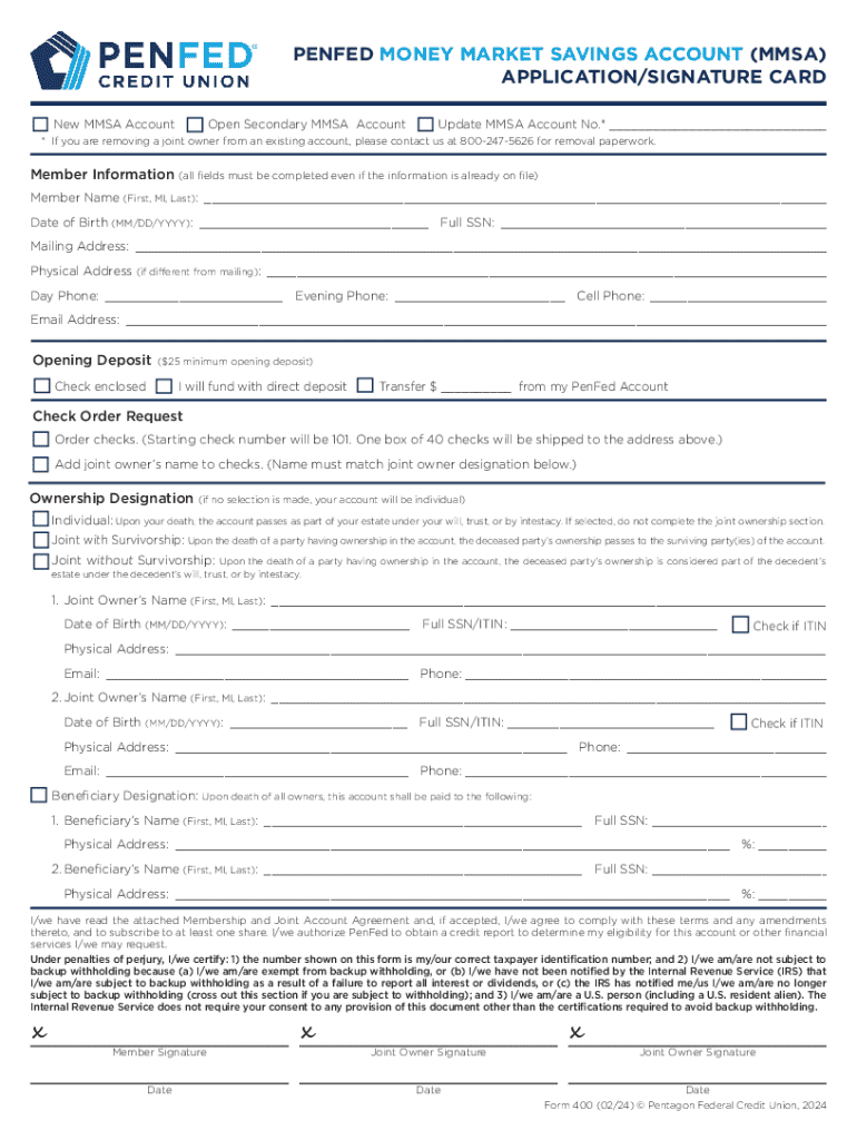Fillable Online Form 400 Penfed Money Market savings account (MMSA ...
