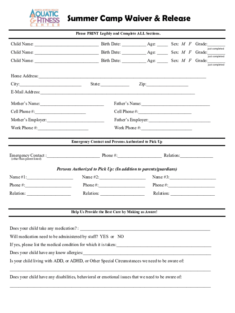 Fillable Online Summer Camp Waiver & Release Fax Email Print - pdfFiller