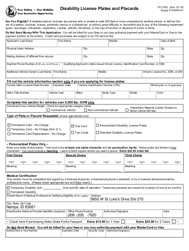 Fillable Online ITD Form 3392. Disability License Plates and Placards ...