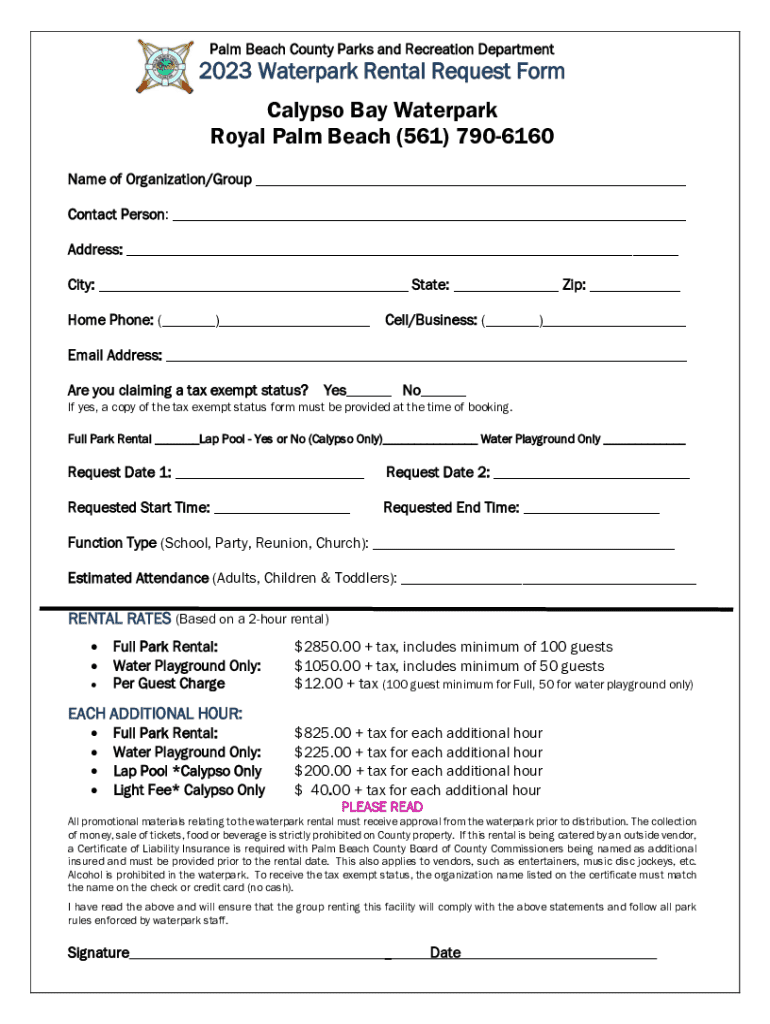 Fillable Online 2023 Waterpark Rental Request Form Fax Email Print ...