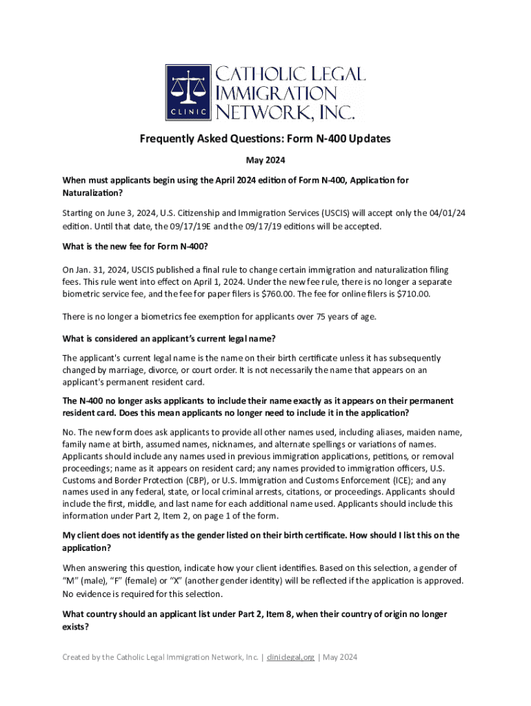 Fillable Online USCIS Updates Form N-400 Application for Naturalization ...