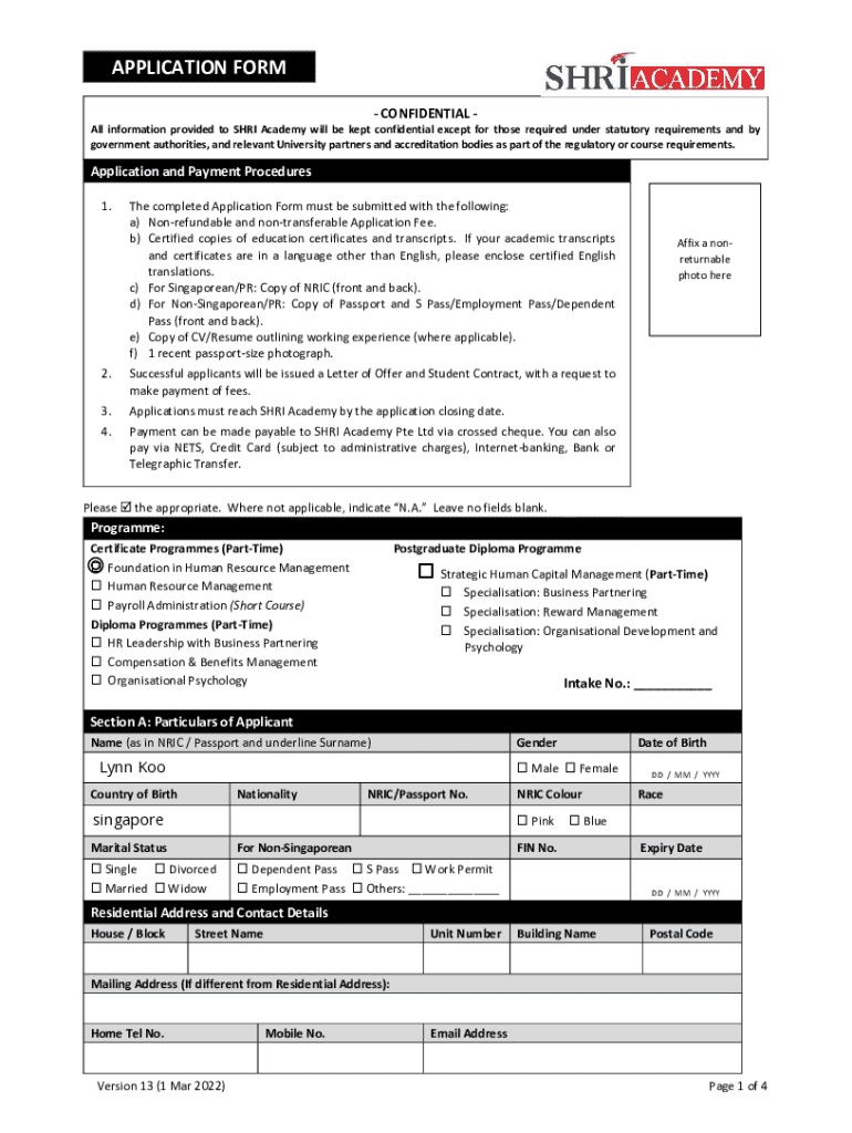 Fillable Online shri org Application Form - SHRI Academy Version 131 ...