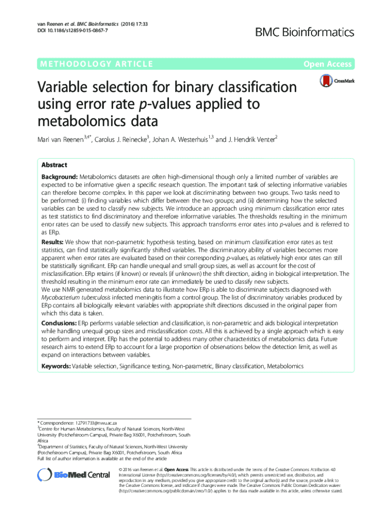 Fillable Online Variable Selection For Binary Classification Using