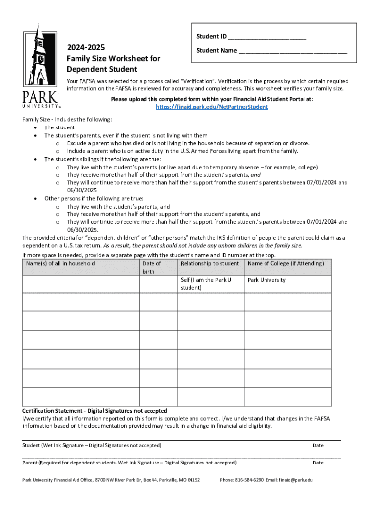 Fillable Online 20242025 Verification Worksheet: Dependent Student Fax Email Print - pdfFiller