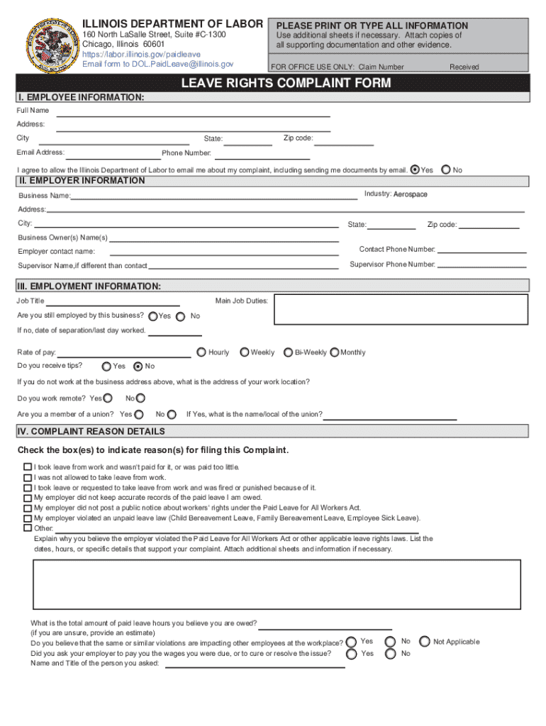 Fillable Online Paid Leave for All Workers Act Complaint Form Fax Email ...