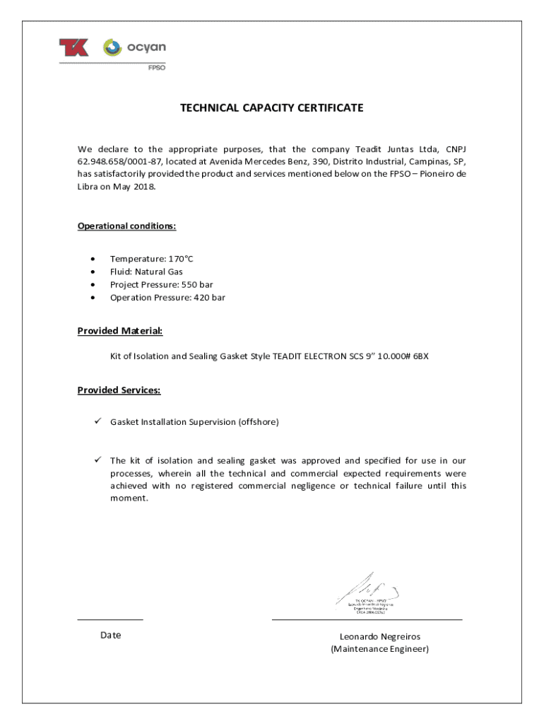 Fillable Online TECHNICAL CAPACITY CERTIFICATE Fax Email Print - pdfFiller