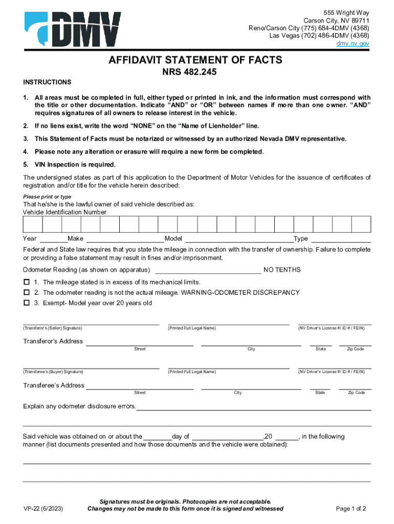 Fillable Online dmv nv AFFIDAVIT STATEMENT OF FACTS - Nevada DMV Fax ...