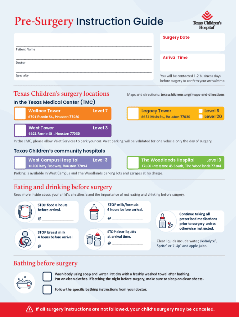 Fillable Online Pre-Operative Instructions - Children's Surgical Centers Fax Email Print - pdfFiller