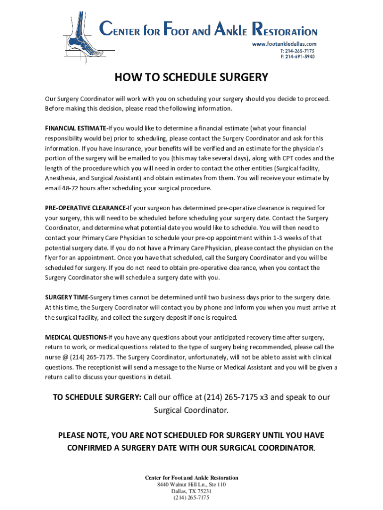 Fillable Online Department Spotlight: Surgery & Procedure Scheduling ...
