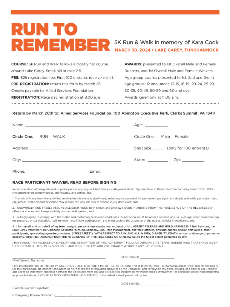 Fillable Online Run to Remember registration form Fax Email Print ...