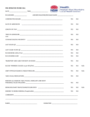 Fillable Online PRE-OPERATIVE PHONE CALL Fax Email Print - pdfFiller