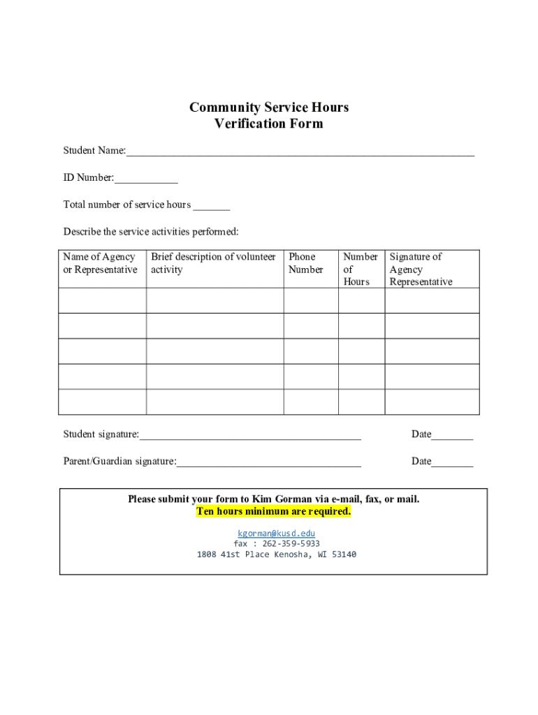 Fillable Online Free Community Service Verification FormPDFWord Fax ...