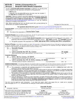 Fillable Online Form ARTS-PB-501(c)(3). Articles of Incorporation of a Nonprofit Public Benefit ...