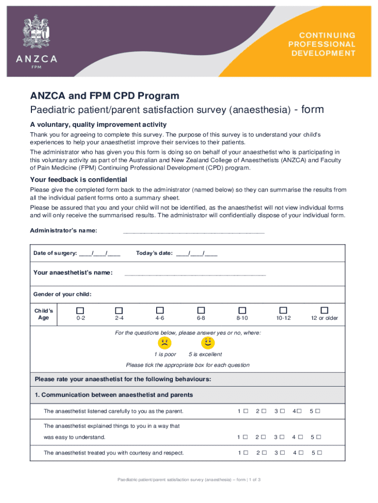 Fillable Online ANZCA and FPM CPD Program Patient experience survey ...