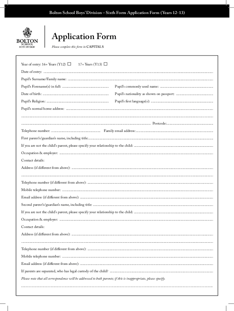Fillable Online Bolton School Boys' Division: The Sixth Form and A ...