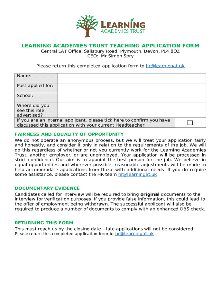 learning academies trust teaching application Doc Template | pdfFiller