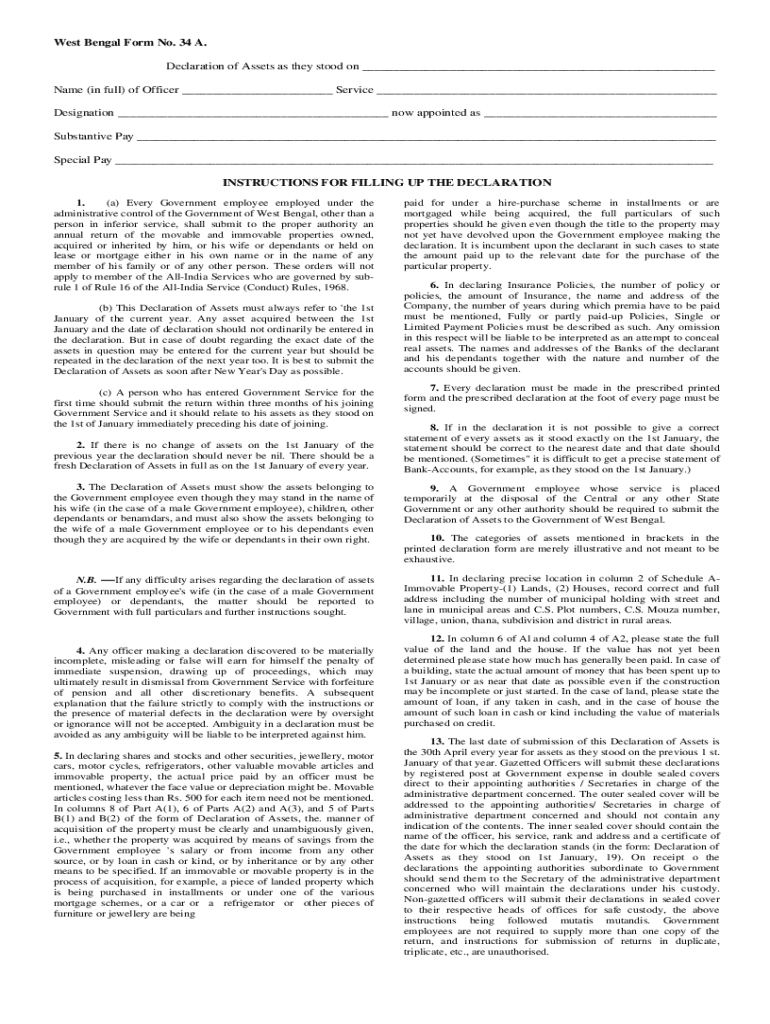 Fillable Online Fillable Online West Bengal Form No. 34 A. Declaration ...