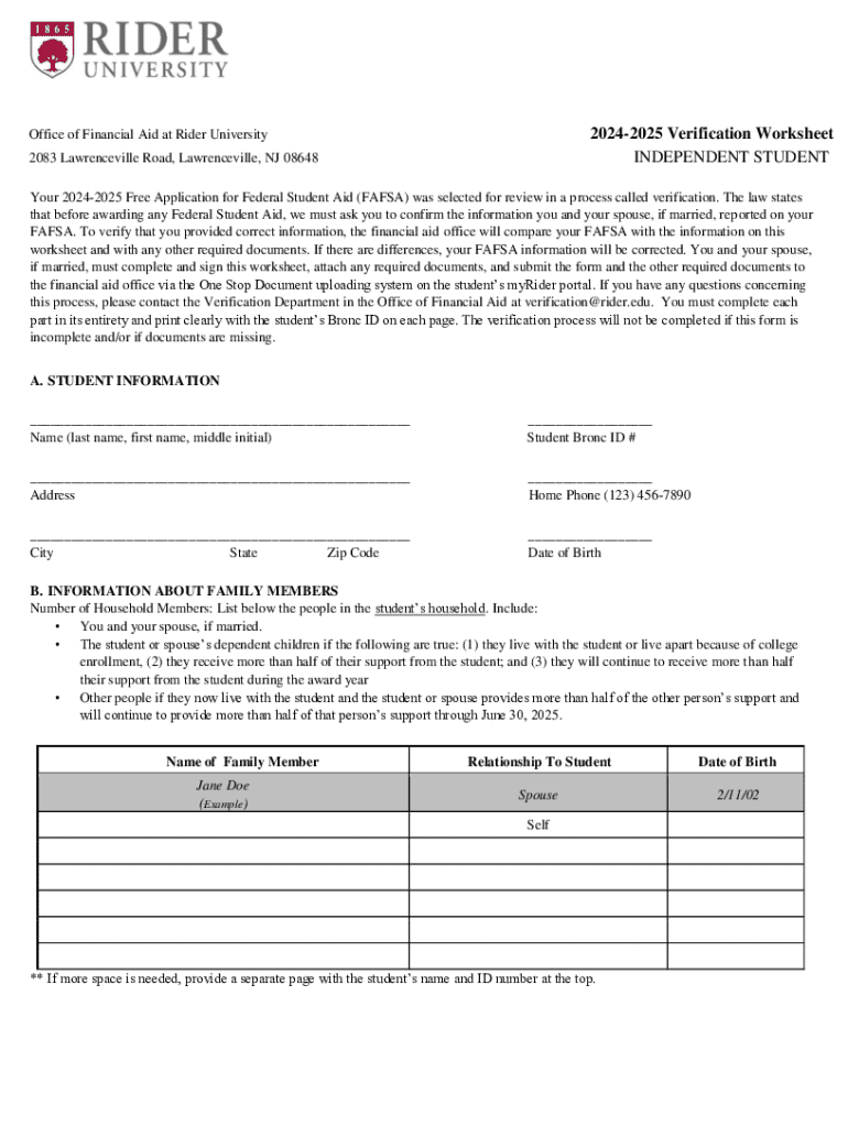 Fillable Online 2024-2025 Independent Student Verification Worksheet ... Fax Email Print - pdfFiller