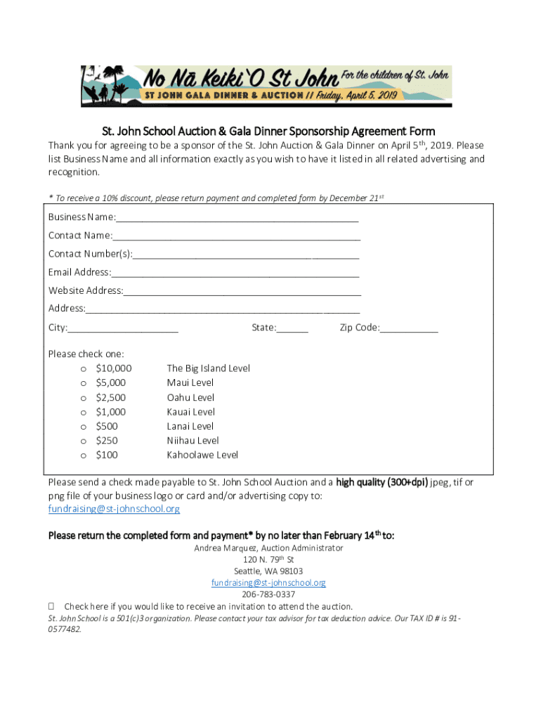 Fillable Online auction st-johnschool St. John School Auction & Gala Dinner Sponsorship ...