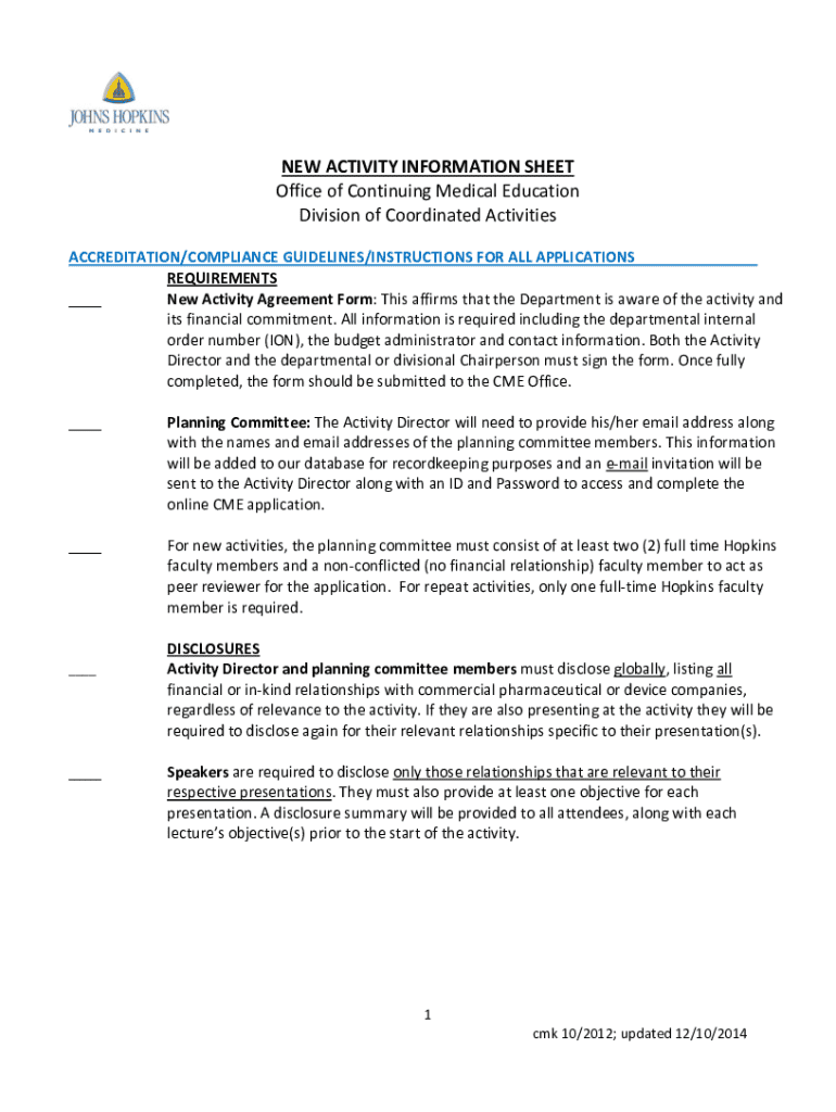 Fillable Online NEW ACTIVITY INFORMATION SHEET Office of Continuing ...