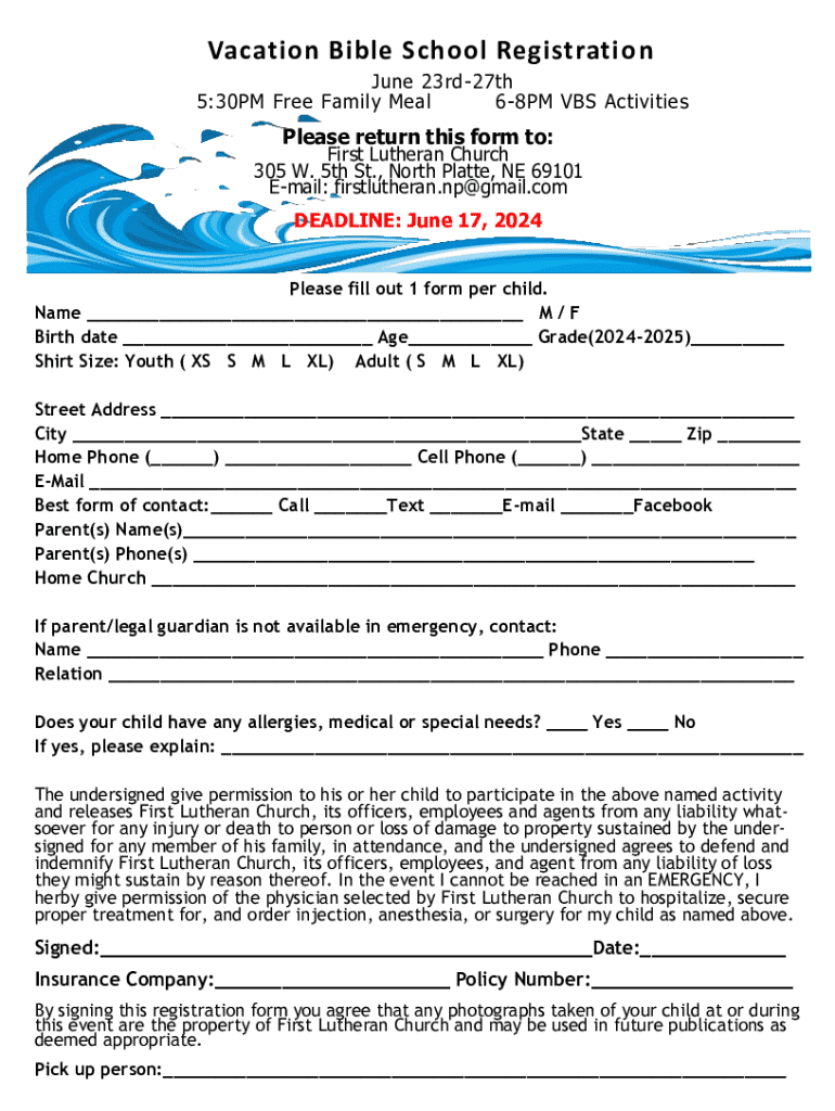 Fillable Online Vacation Bible School: Start the Party! - First Lutheran Church Fax Email Print ...