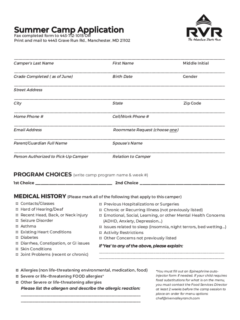 Fillable Online Summer Camp Application. Print/Fax application form for ...