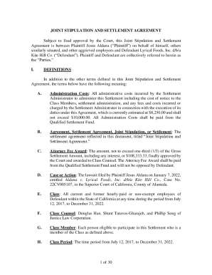 Fillable Online 1 of 30 JOINT STIPULATION AND SETTLEMENT AGREEMENT ... Fax Email Print - pdfFiller