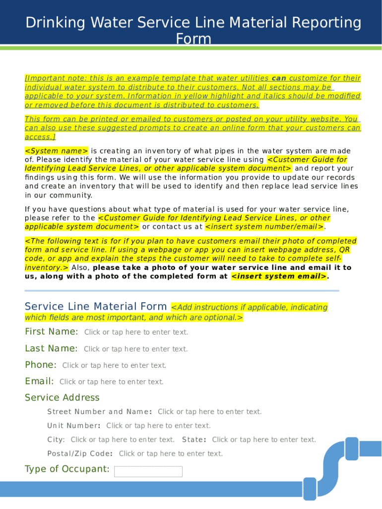 Drinking Water Service Line Material Reporting . Example template for ...