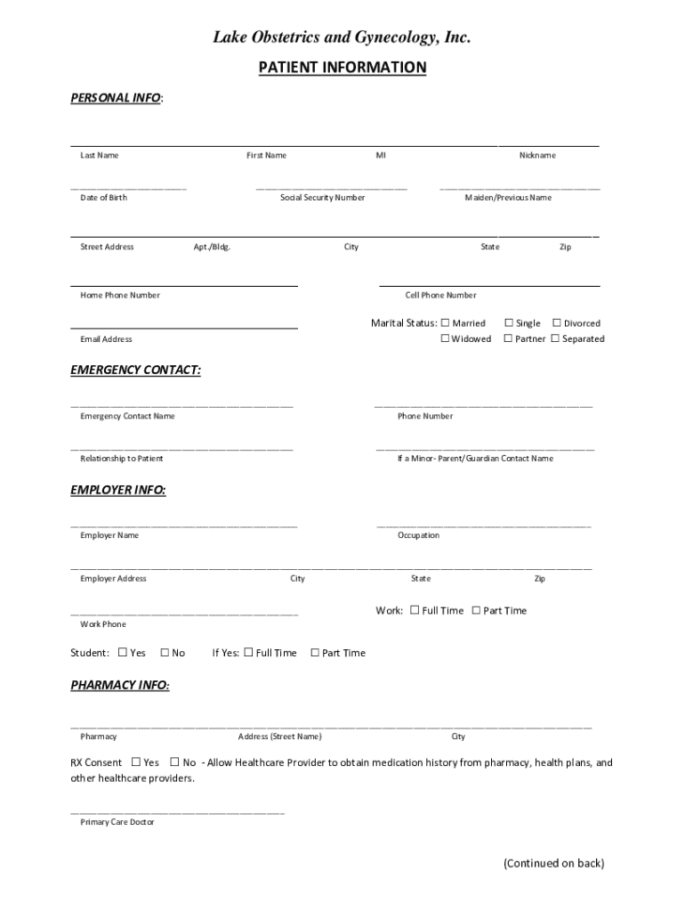 Fillable Online Lake Obstetrics and Gynecology, Inc. Patient ...