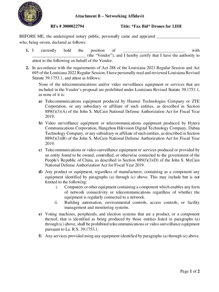 Fillable Online Attachment BNetworking Affidavit RFx # 3000022794 Title ...