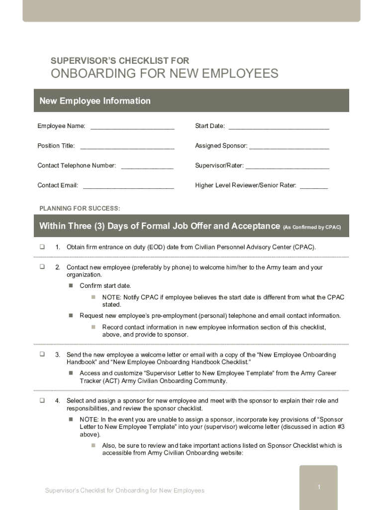 Fillable Online New Hire Checklist for Supervisors - Employers ...