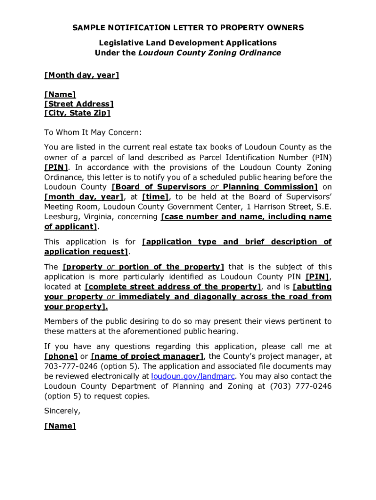 Fillable Online SAMPLE NOTIFICATION LETTER TO PROPERTY OWNERS ... Fax ...