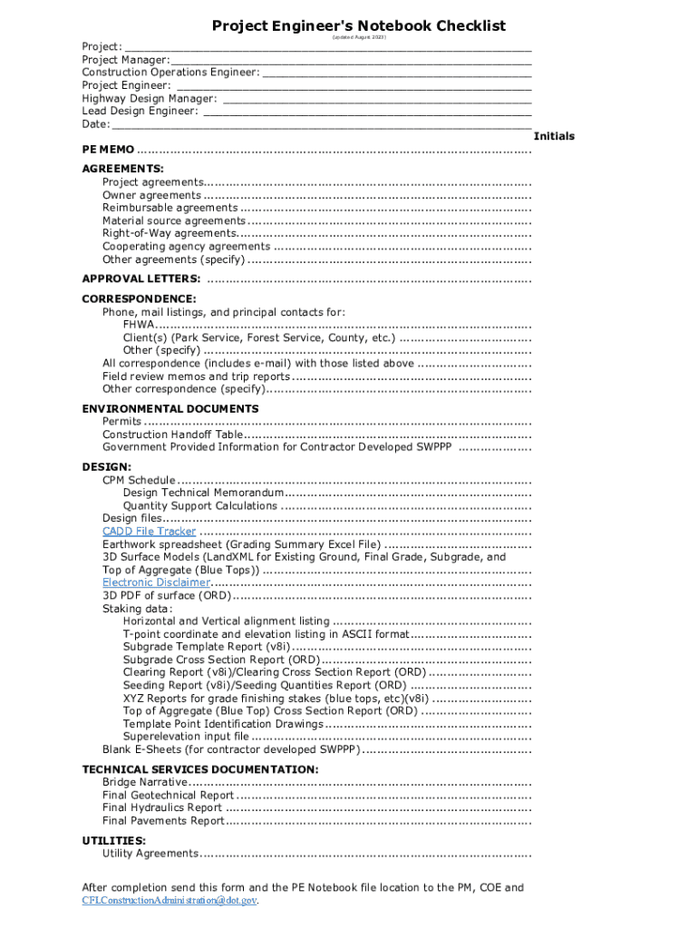 Fillable Online Project Engineer's Notebook Checklist Fax Email Print ...