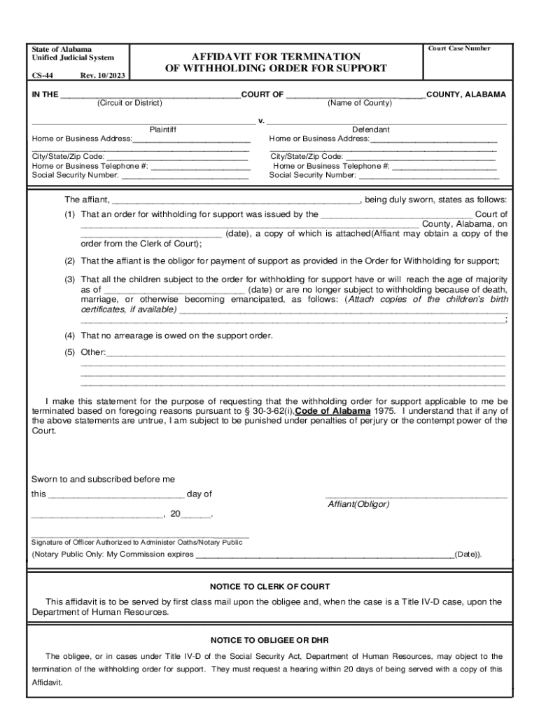 Fillable Online eforms alacourt Affidavit for Termination of ...