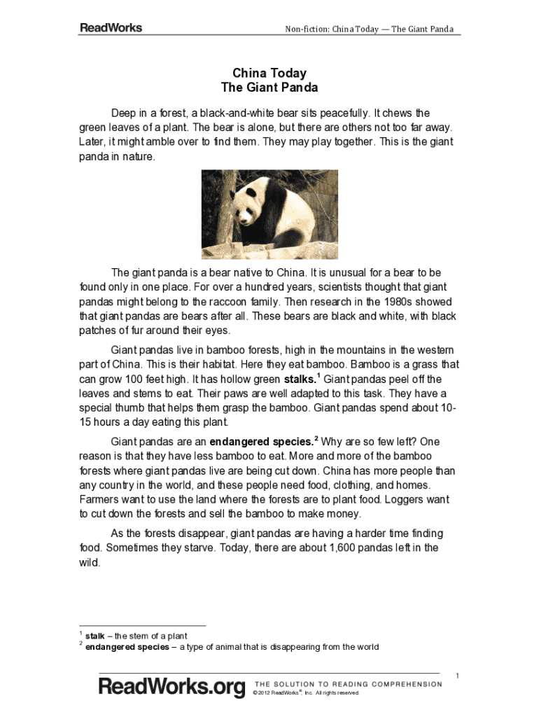 Fillable Online China: The Giant Panda, Third Grade Reading Passage Fax ...