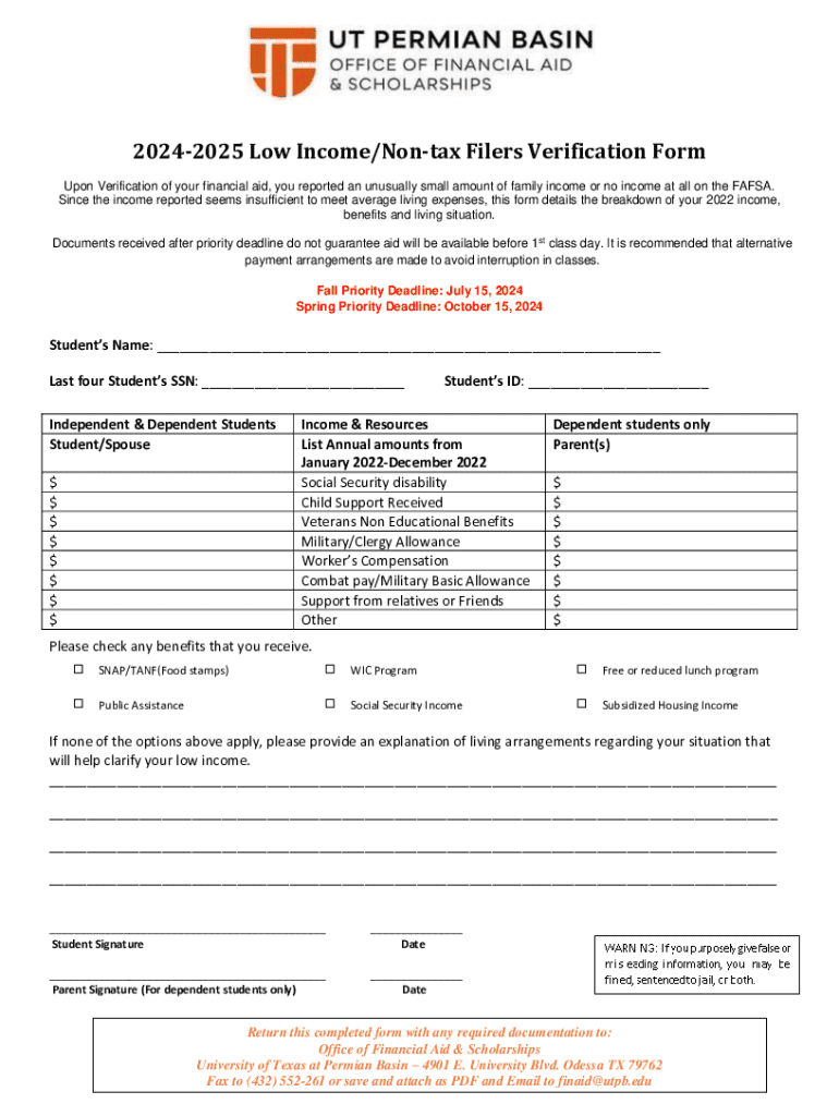 Fillable Online 2024-2025 Low Income/Non-tax Filers Verification Form ...