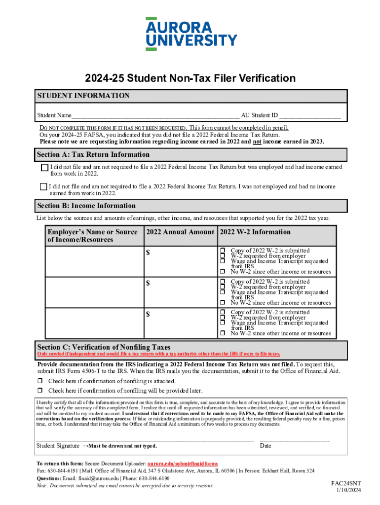 Fillable Online 2024-2025 STUDENT NON TAX FILER STATEMENT Fax Email ...