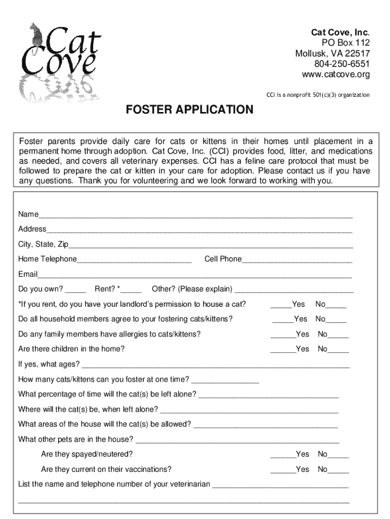 Fillable Online Cat Cove Inc. - Saving cats across the Northern Neck of Virginia Fax Email Print ...