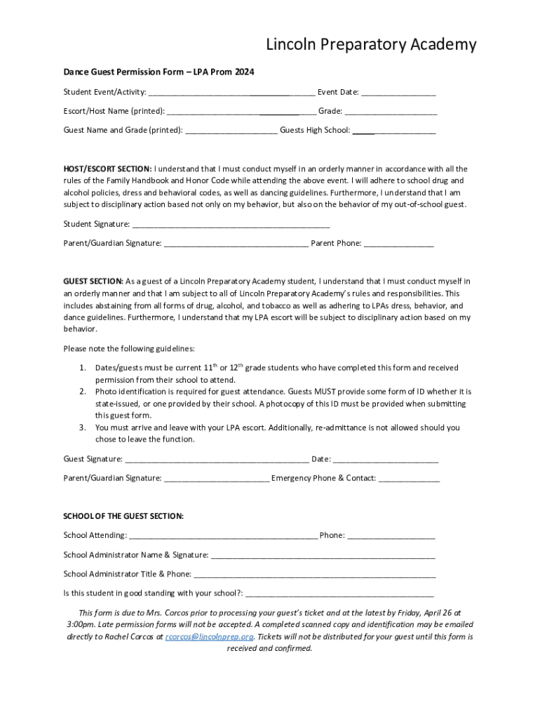 Fillable Online Lincoln Park Academy 2024 Prom Guest Approval Form Fax ...