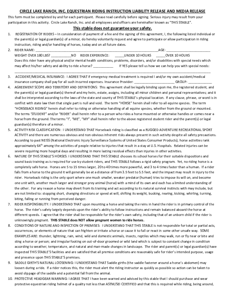 Fillable Online circle lake ranch, inc. equestrian riding instruction ...