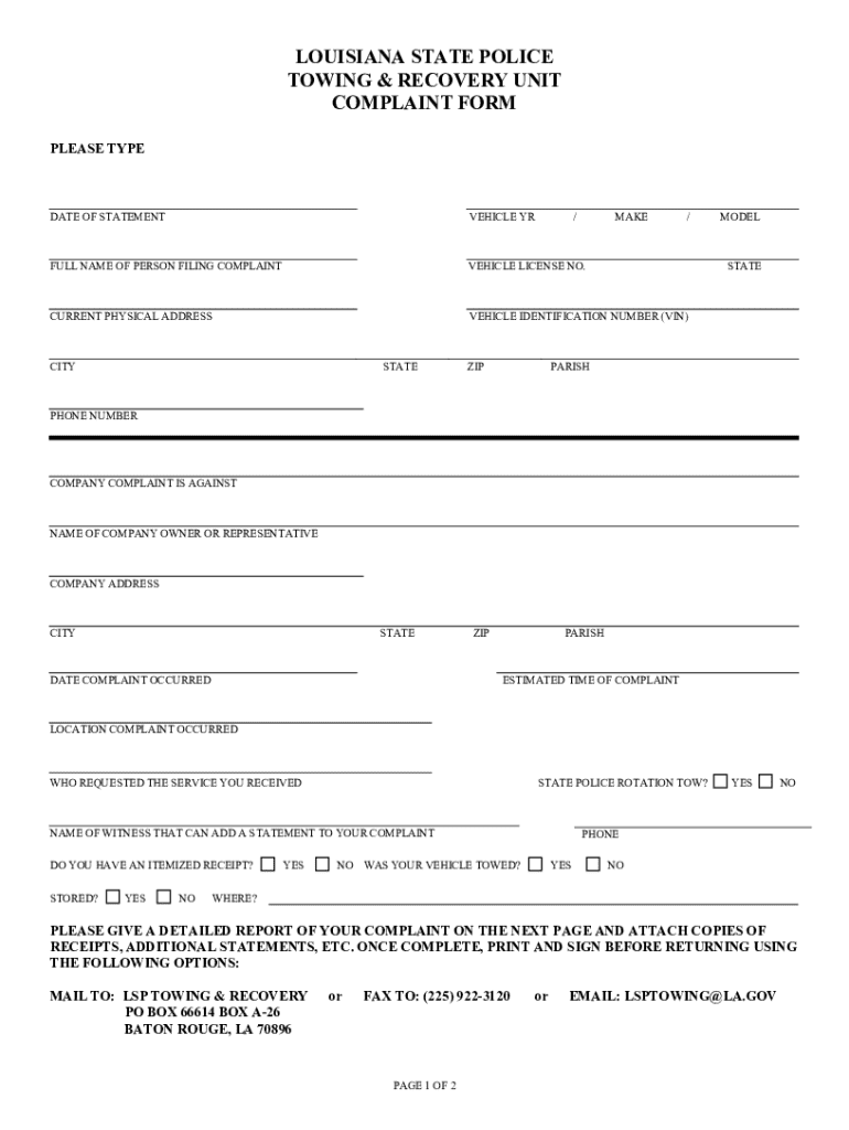 Fillable Online louisiana state police towing & recovery unit complaint ...
